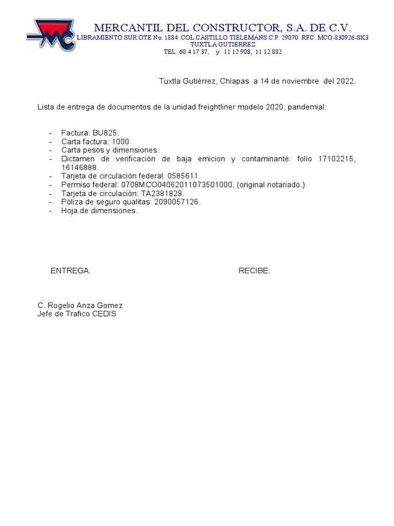 Documentos Entrega Freightliner 2020 | PDF