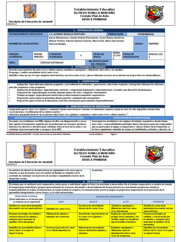 Plan de Aula de Ciencias 1 Periodo ABM | PDF | Plantas | Salón de clases