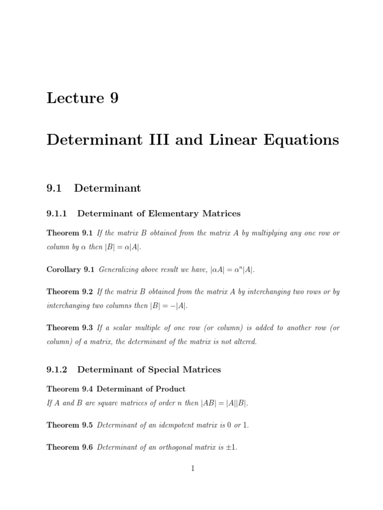Linear Algebra Lecture Notes 09 | PDF | Matrix (Mathematics) | Determinant