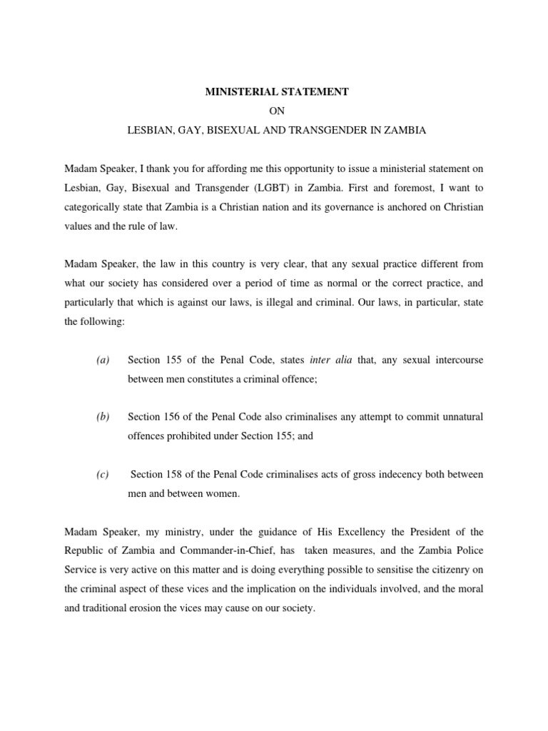 Ministerial Statement by Hon. Mwiimbu On LGBT | PDF | Sodomy Law ...