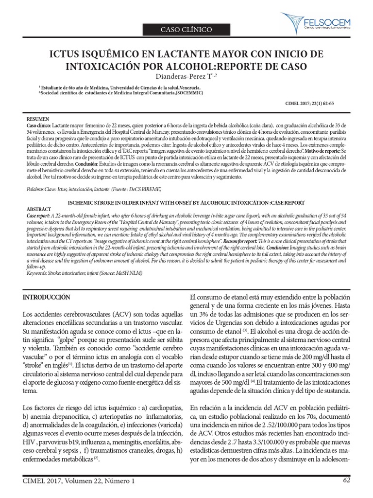 ICTUS ISQUÉMICO EN LACTANTE MAYOR CON INICIO DE INTOXICACIÓN POR ALCOHOL:REPORTE DE CASO | PDF ...