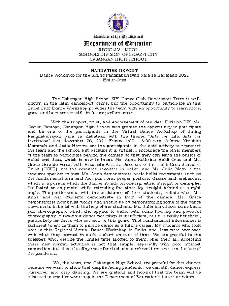 Narrative Report - Sining Pangkabuhayan para Sa Kabataan ...