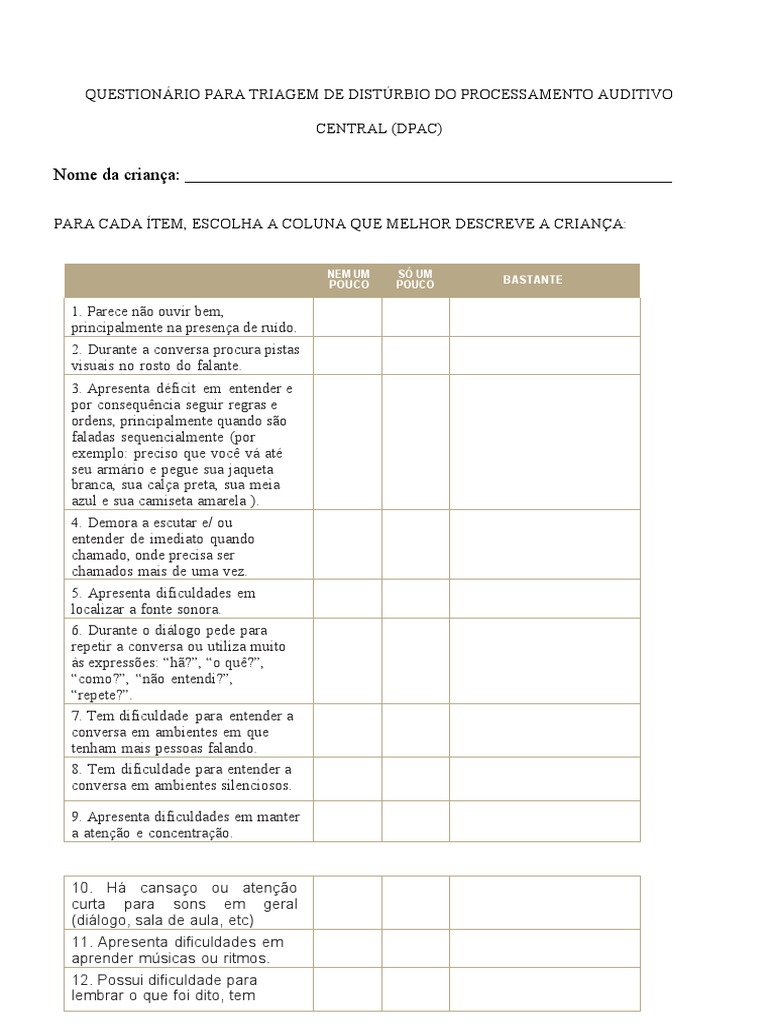 Questionario para Triagem de Disturbio Do Processamento Auditivo | PDF ...