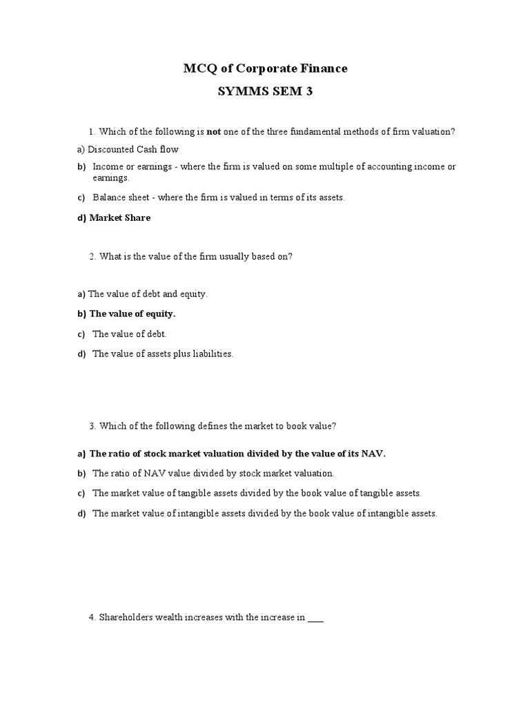 MCQ of Corporate Valuation Mergers Acquisitions | PDF | Internal Rate Of Return | Valuation ...