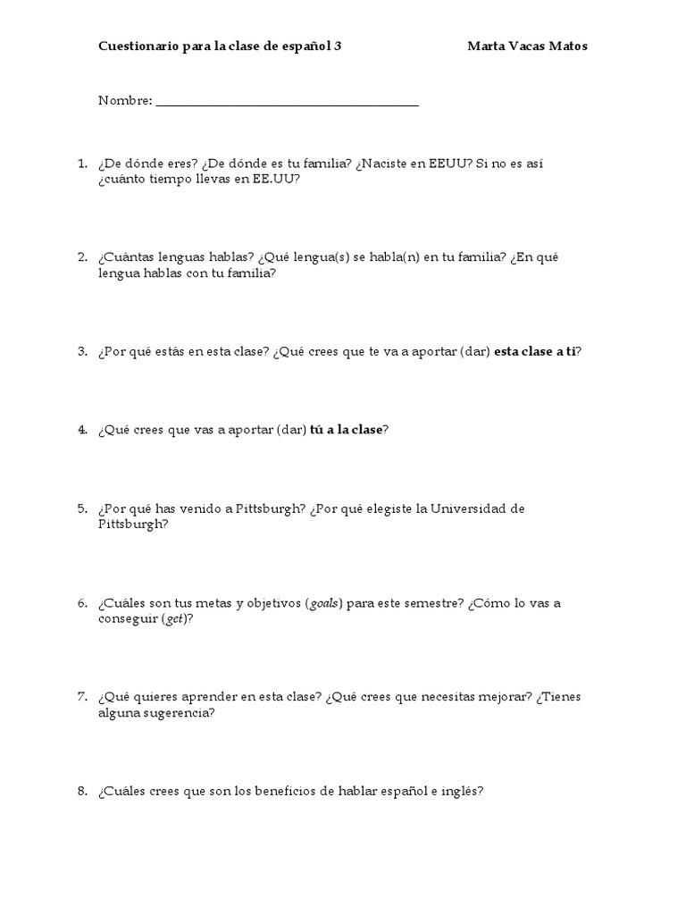 Cuestionario Primer Día | PDF