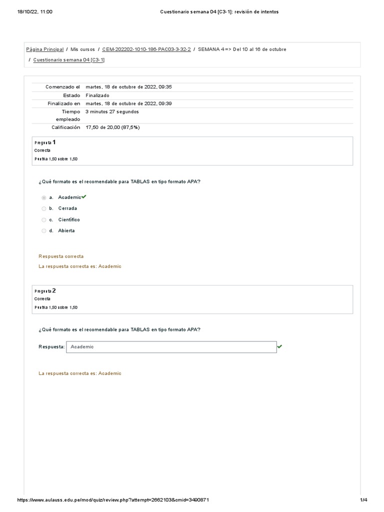 Cuestionario Semana 04 (C3-1) - Revisión de Intentos | PDF | Spss ...