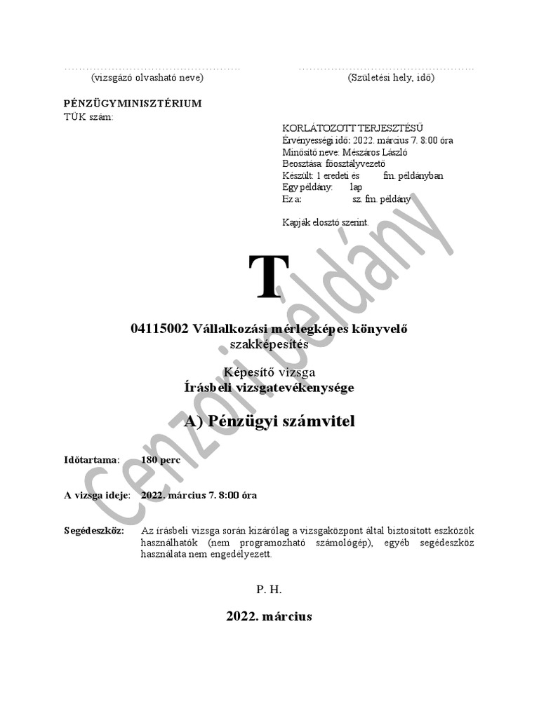 A) Pénzügyi Számvitel: 04115002 Vállalkozási Mérlegképes Könyvelő | PDF