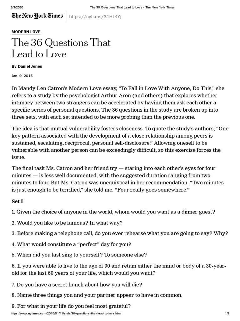 The 36 Questions That Lead To Love - The New York Times | PDF