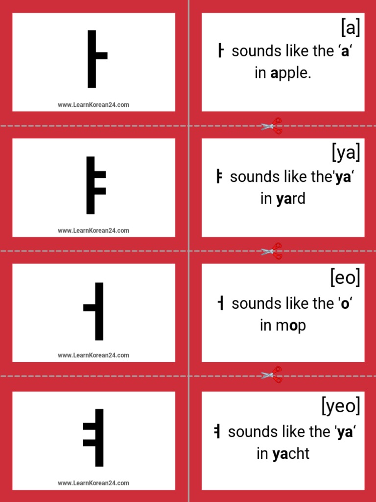 Korean Alphabet Flashcards Vowels | PDF | Notation | Human Voice