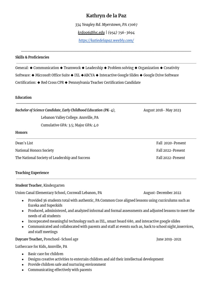 Kathryn de La Paz: 334 Yeagley Rd. Myerstown, PA 17067 krd006@lvc - Edu - (954) 756-3694 | PDF ...