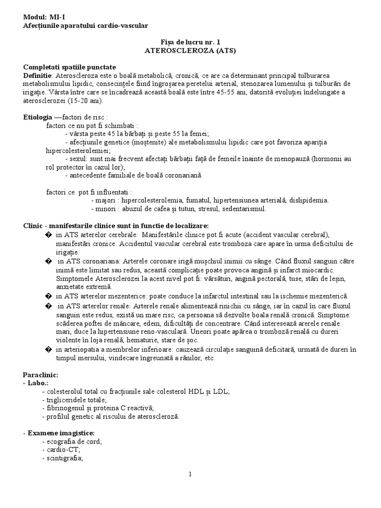 Aterosleroza Fișă de Lucru | PDF