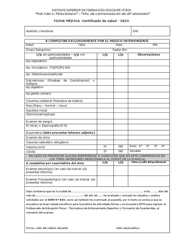 ISFD 810 Ficha Medica 2023 | PDF