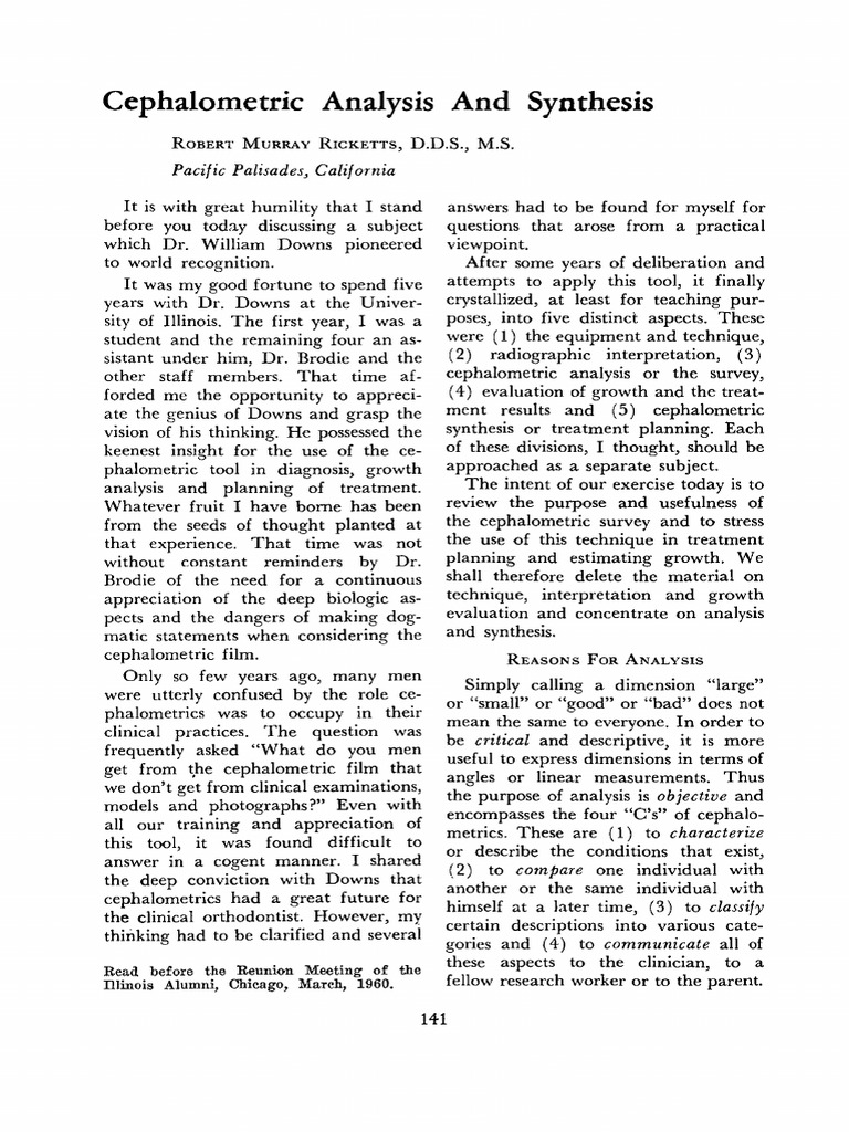 6.-Ricketts - Cephalometric Analysis and Synthesis | PDF