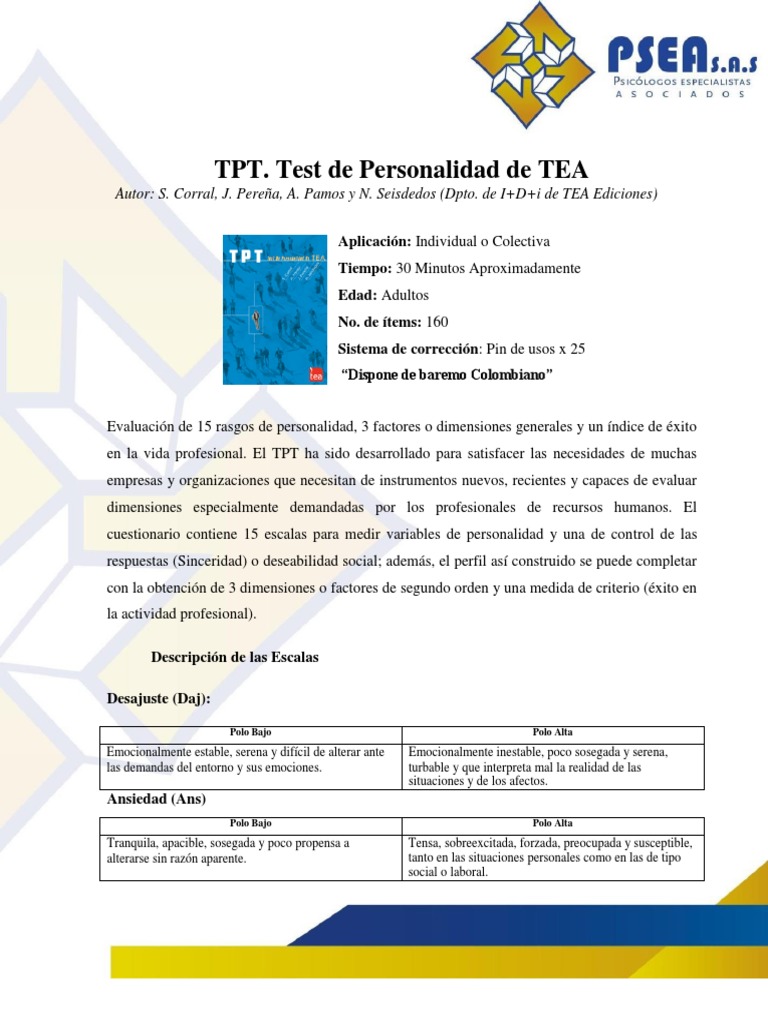 TPT. Test de Personalidad de TEA | PDF | Las emociones | Ciencia cognitiva