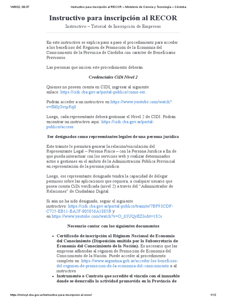 Instructivo para Inscripción Al RECOR - Ministerio de Ciencia y Tecnología - Córdoba | PDF ...