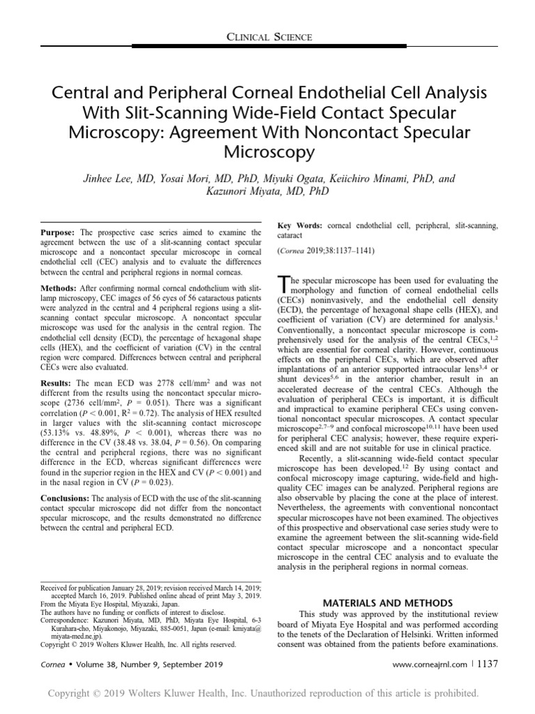 Central and Peripheral Corneal Endothelial Cell Analysis With Slit ...