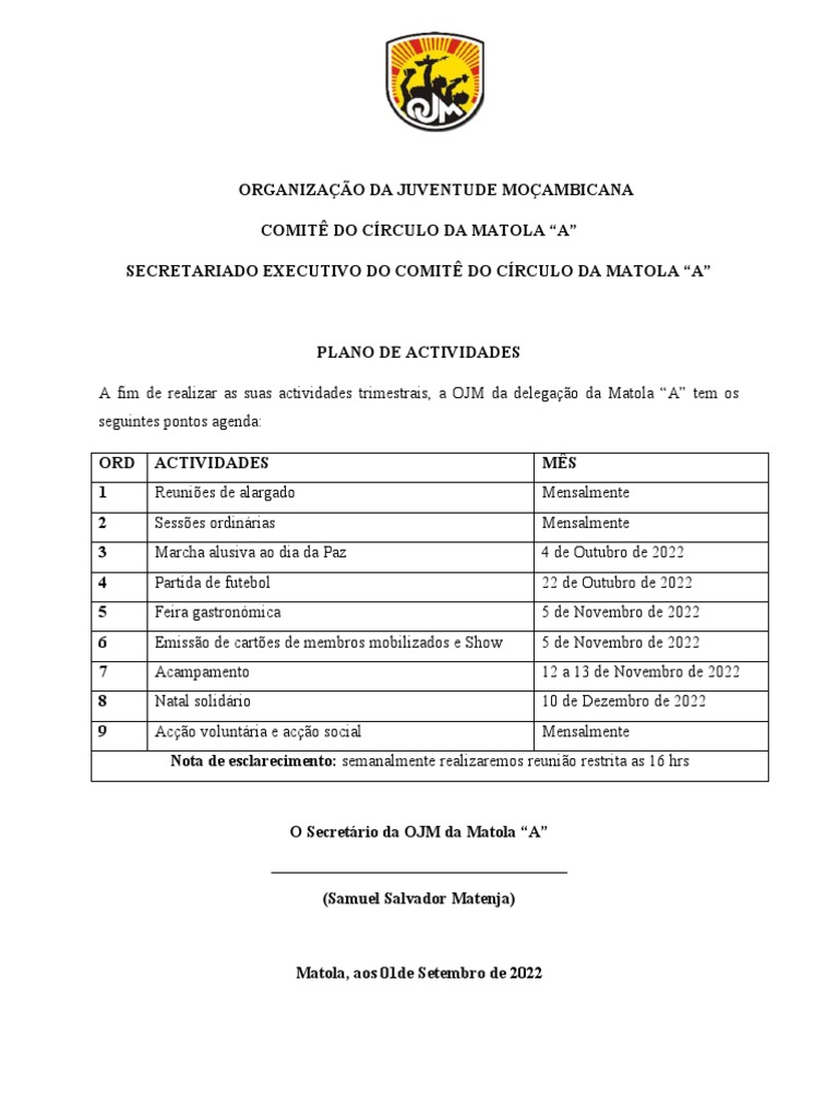 Plano de Actiividade - Ojm | PDF