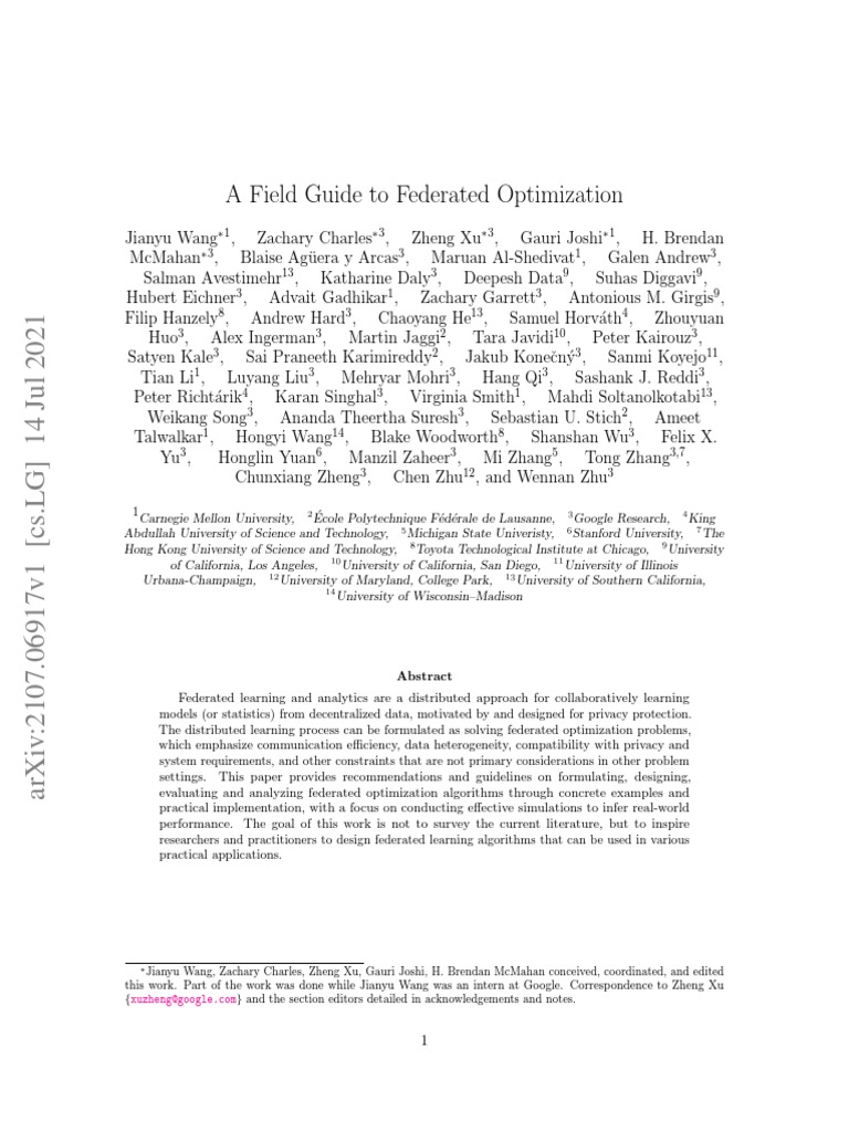 A Field Guide To Federated Optimization | PDF | Mathematical Optimization | Computing