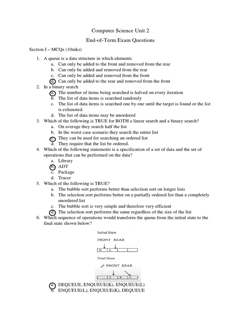 CS Unit 2 EoT Exam Solutions | PDF | Queue (Abstract Data Type) | Information Technology Management