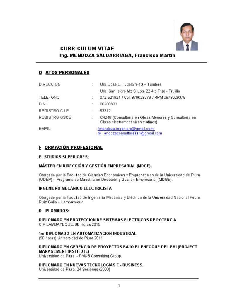 Curriculum Vitae de Francisco Mendoza | PDF | Ingenieria Eléctrica ...