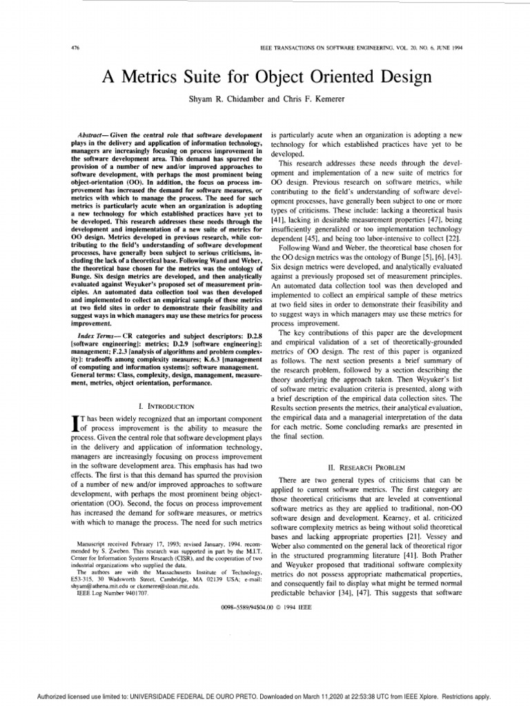 A Metrics Suite For Object Oriented Design 1994 Pdf Class 2776