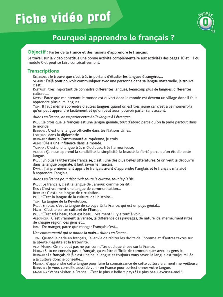Fiche Vidéo Prof: Pourquoi Apprendre Le Français ? | PDF | Langue ...
