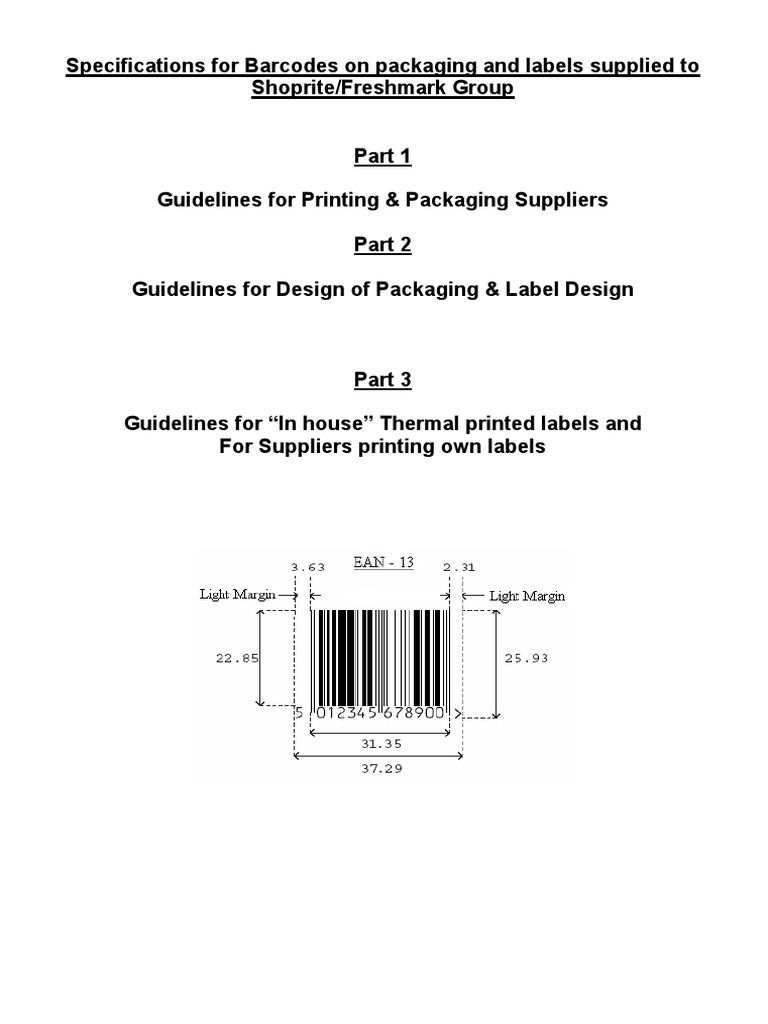 Specification For Barcodes On Packaging and Labels | PDF | Barcode ...