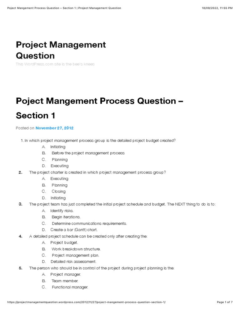 Poject Mangement Process Question - Section 1 - Project Management Question | PDF | Project ...