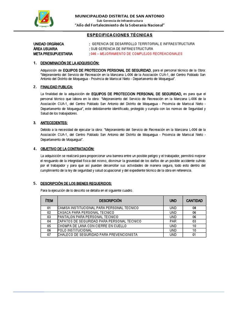 Informe #082 Especificaciones Tecnicas Epps para Personal Tecnico | PDF | Camisa | Ropa