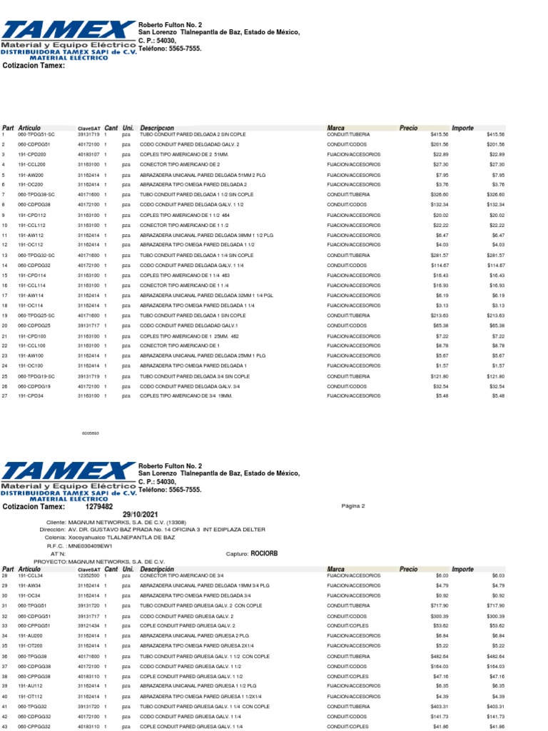 Cotizacion Tamex: 1279482 29/10/2021 | PDF | Bancario | Bancos
