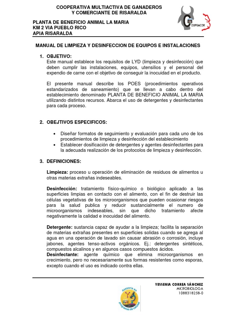 Manual de Limpieza y Desinfeccion de Equipos e Instalaciones La Maria 1 | PDF | Lavado de manos ...