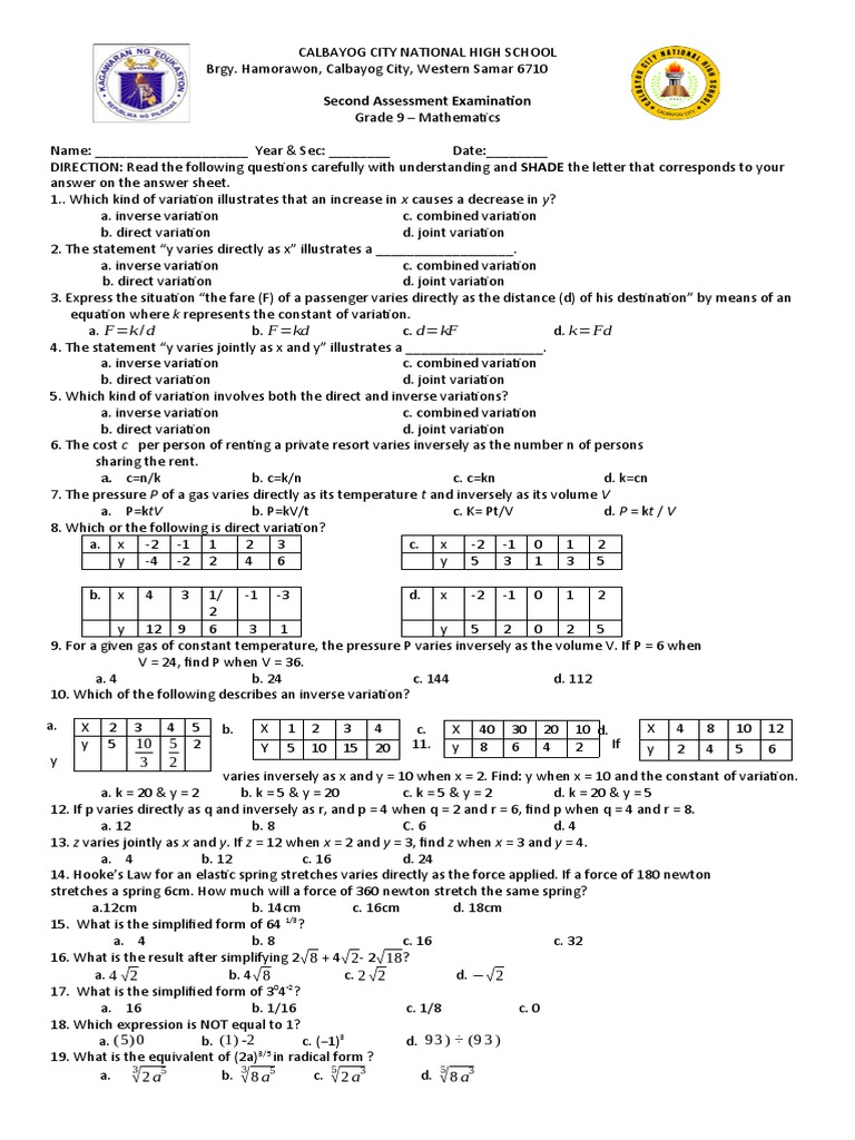 Math 9 - 2nd Quarter Test Q | PDF | Gases | Mathematical Concepts