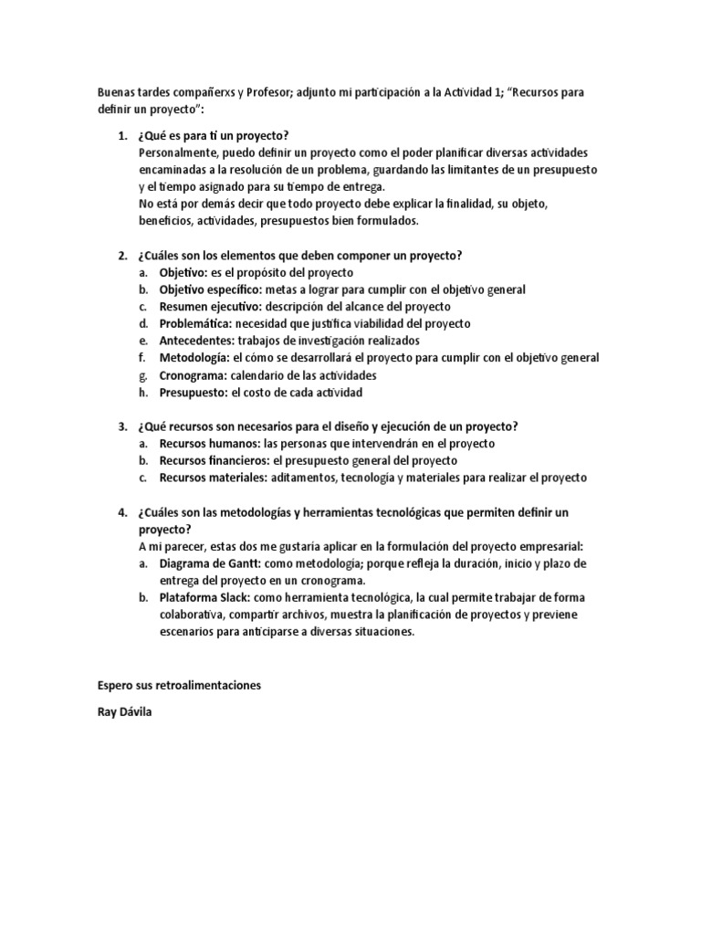 A1. Recursos para Definir Un Proyecto | PDF