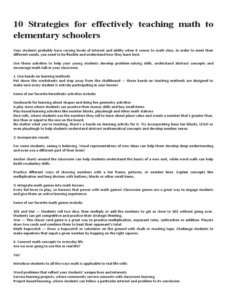 10 Strategies For Effectively Teaching Math To Elementary Schoolers ...