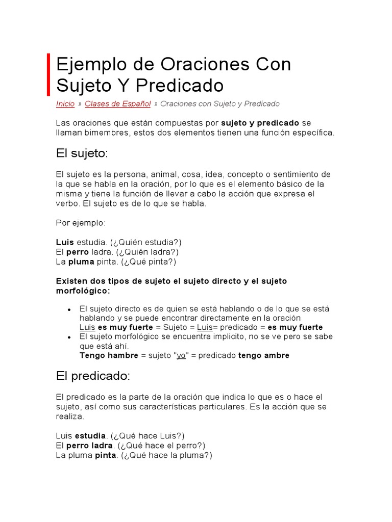 Ejemplo de Oraciones Con Sujeto Y Predicado - 05 | PDF | Predicado ...