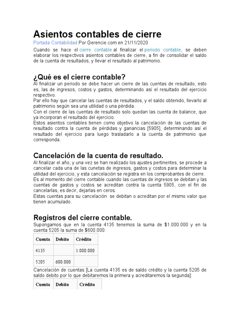 Asientos Contables de Cierre | PDF | Contabilidad | Pequeñas y medianas empresas
