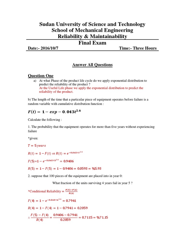 Sud Univ R&M Final Exam 2016 | PDF | Reliability Engineering | Probability Distribution
