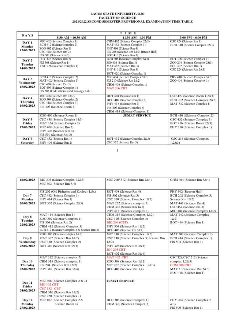 LASU Science Exam Schedule | PDF | Technology & Engineering