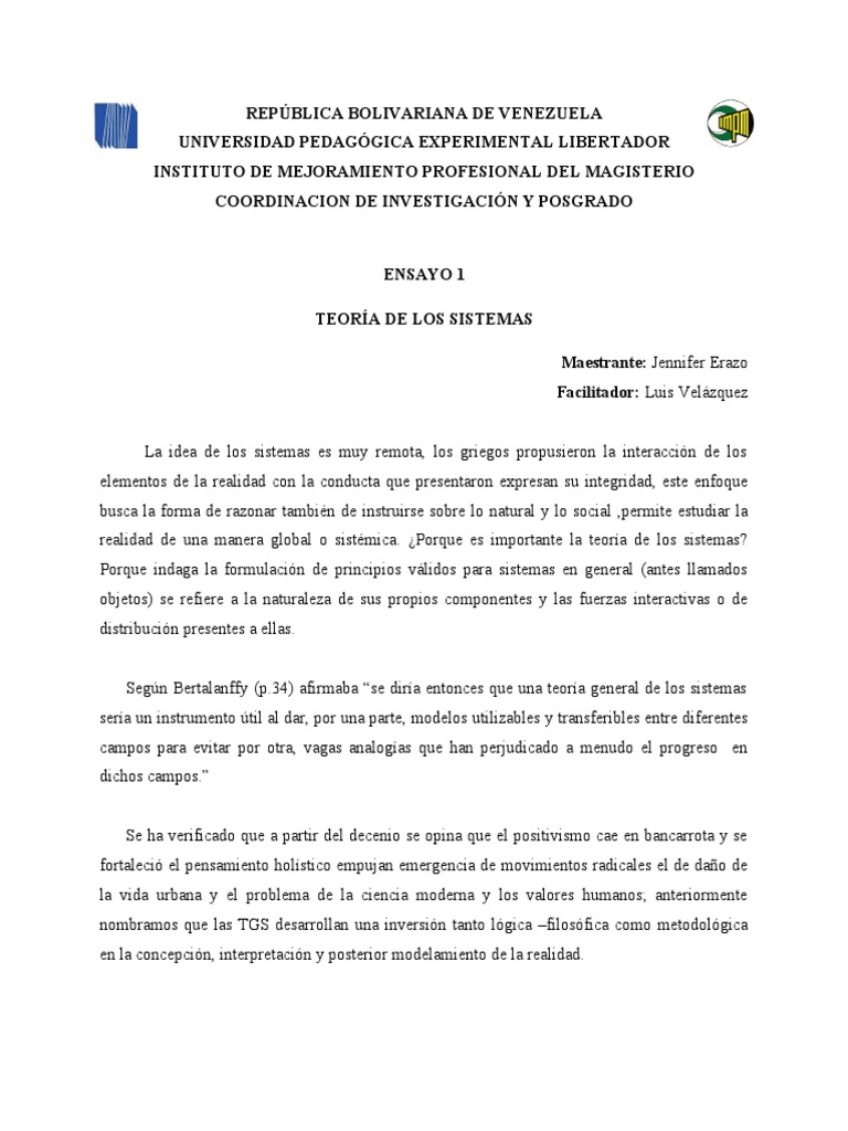 Ensayo Teoria de Los Sistemas | PDF | Pensamiento | Sistema
