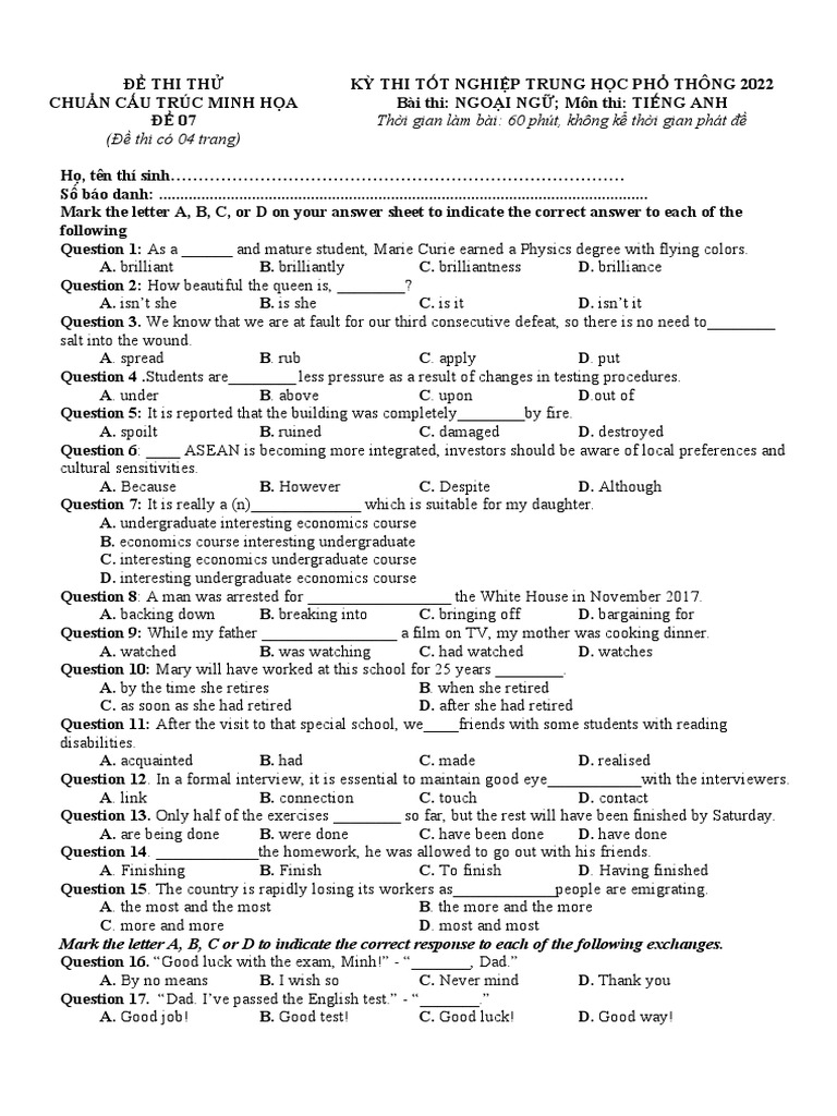 7. Đề Phát Triển Theo Cấu Trúc Đề Minh Họa 2022 - Môn Tiếng Anh - Đề 7 ...
