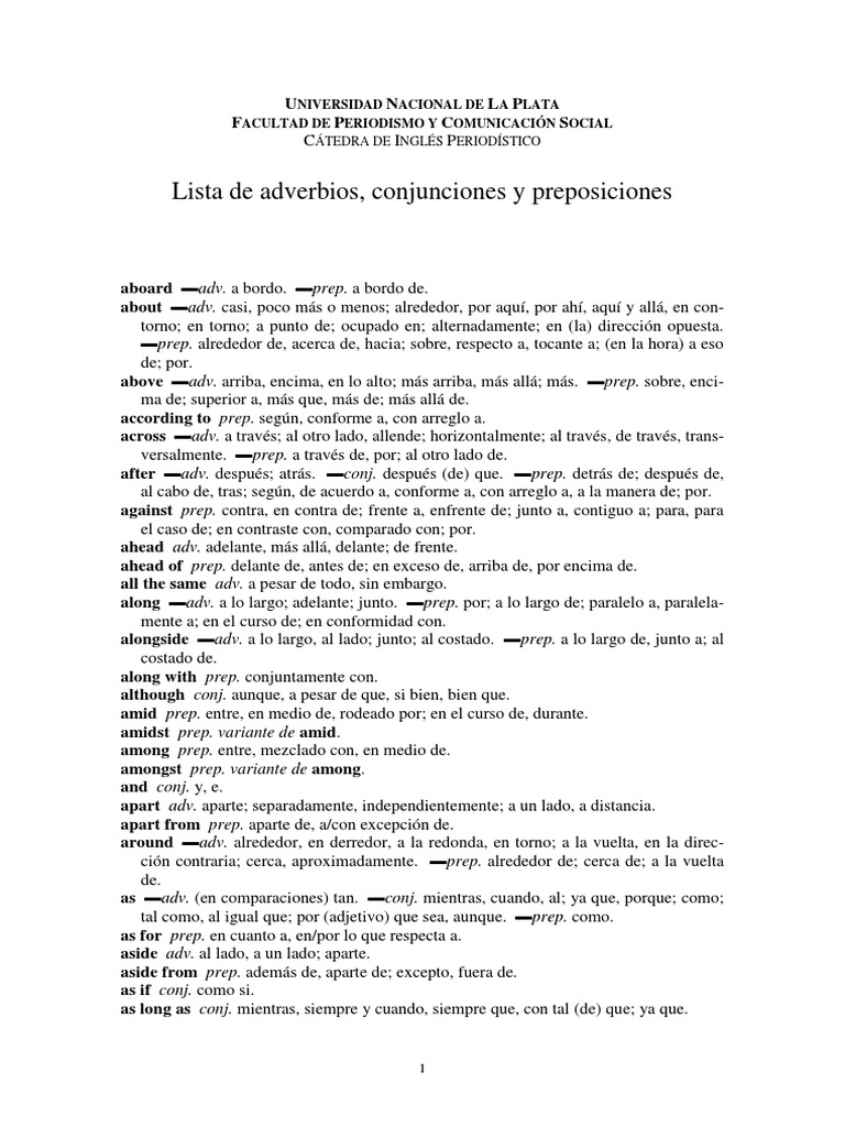 Cátedra de Inglés - Lista de Adverbios Conjunciones y Preposiciones | PDF