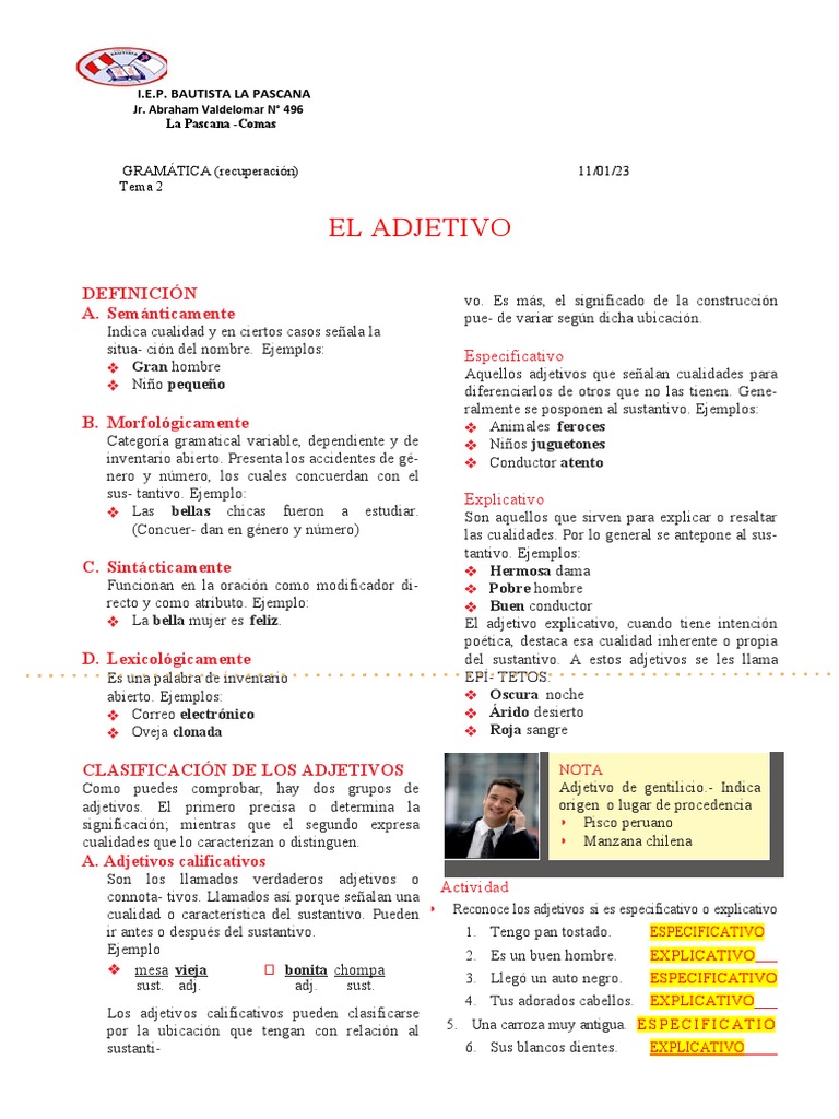 Definición y Clasificación del Adjetivo | PDF | Adjetivo | Sustantivo