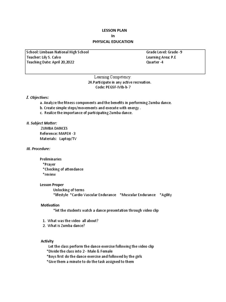 LESSON PLAN Class Observation | PDF | Physical Fitness | Dances