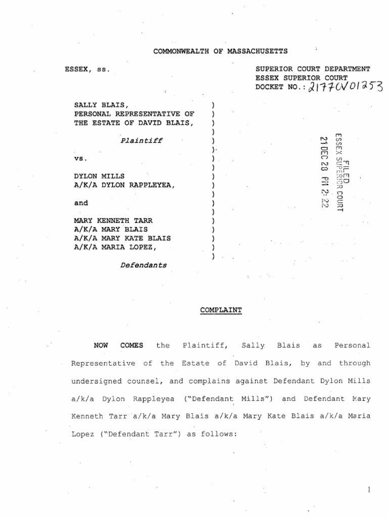 Sally Blais / Estate of David Blais v. Dylon Mills / Rappleyea, Mary ...