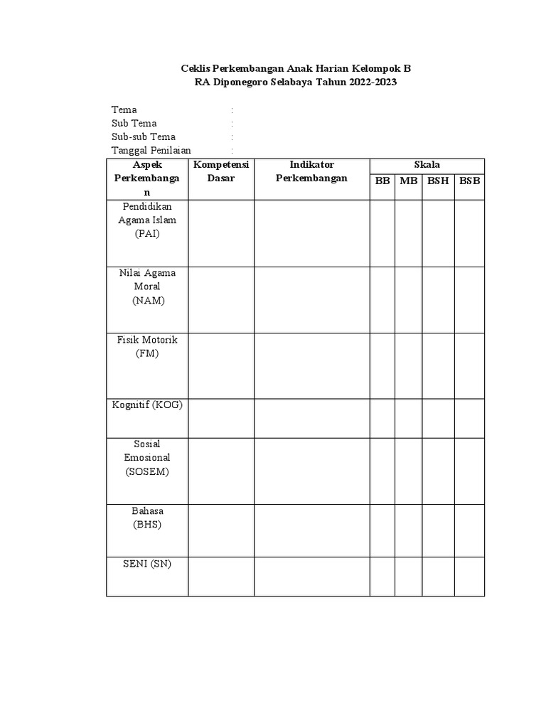 Ceklis Perkembangan Anak Harian Kelompok B | PDF