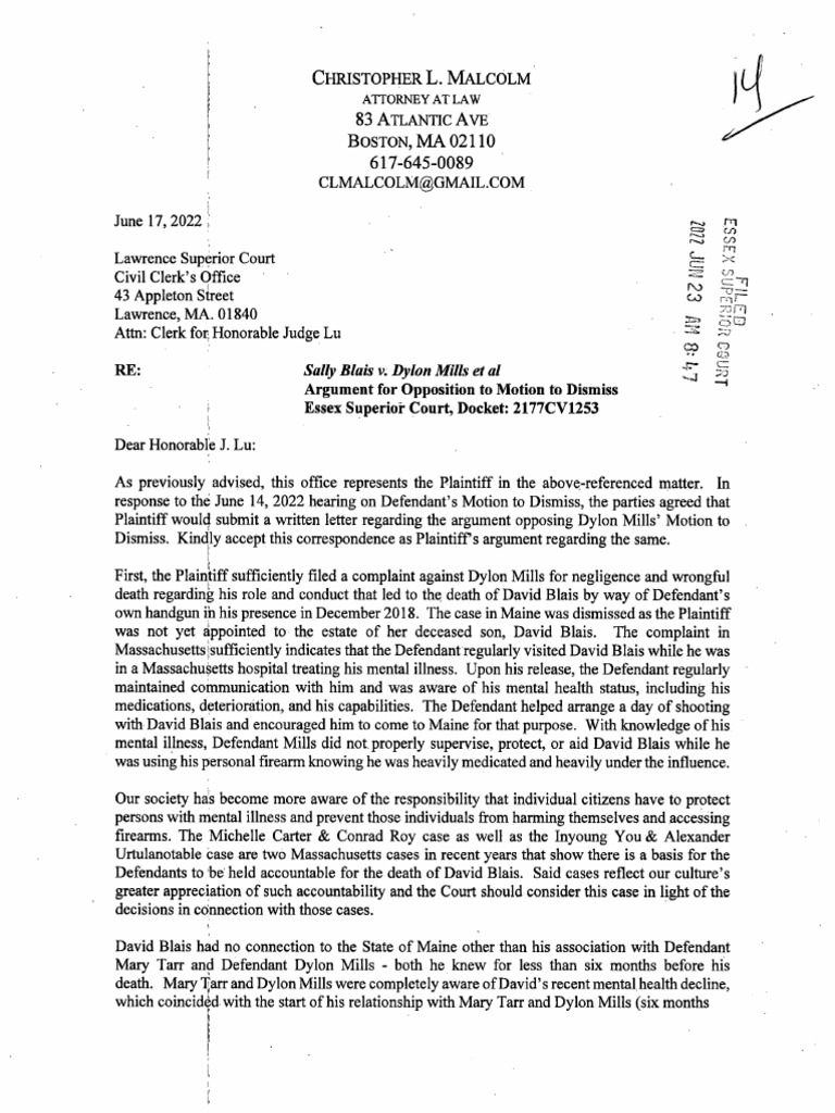 SALLY BLAIS / ESTATE OF DAVID BLAIS V DYLON MILLS RAPPLEYEA + MARY TARR ...