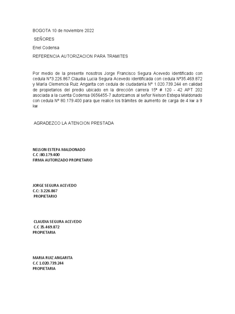 Carta de Autorizacion Codensa | PDF | Finanzas y dinero