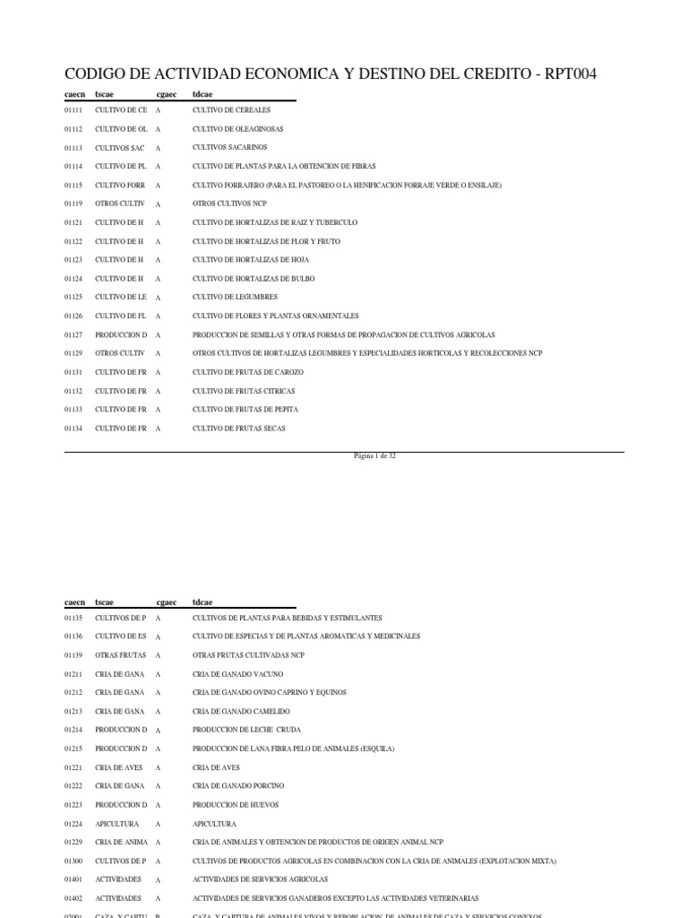 Rpt004 - Codigos Actividad Economica y Destino Del Credito | PDF | Fabricación de cerveza | Bebida