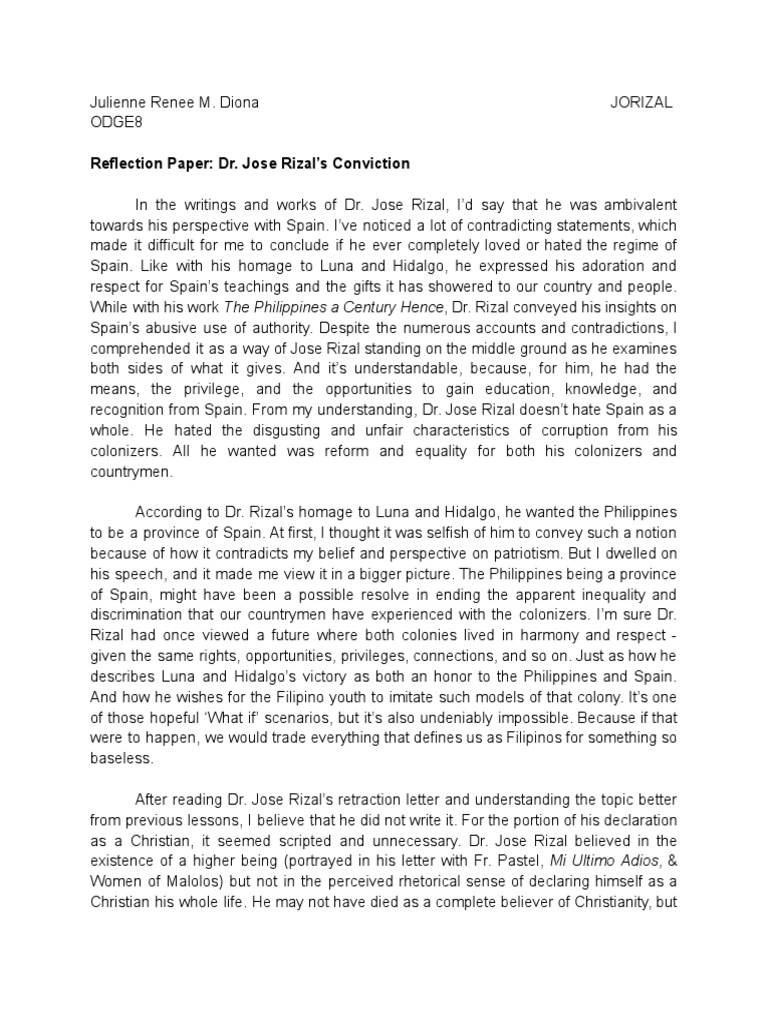 Julienne Diona - Activity 6 - Dr. Jose Rizal's Conviction Reflection | PDF