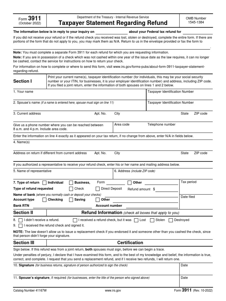 3911 Taxpayer Statement Regarding Refund: Section I | PDF | Tax Refund ...